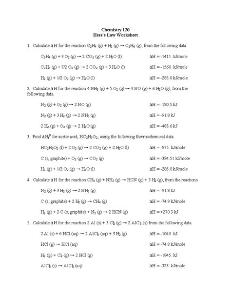Hess Law Worksheet Hesss Law Ws With Answers Chemistry 120 Hesss