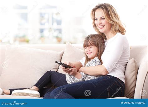 Happy Mother And Daughter Watching Tv Stock Image Image Of Portrait