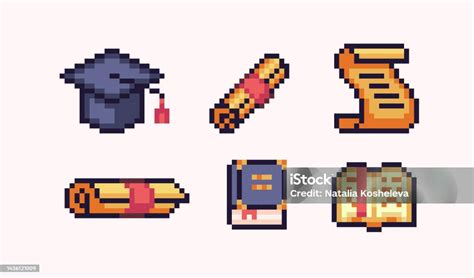 대학 학교 아이콘 픽셀 아트 세트 교육 수료증 및 대학원 모자 컬렉션 책과 두루마리 모자이크 처리에 대한 스톡 벡터 아트 및 기타 이미지 모자이크 처리 픽셀 아트