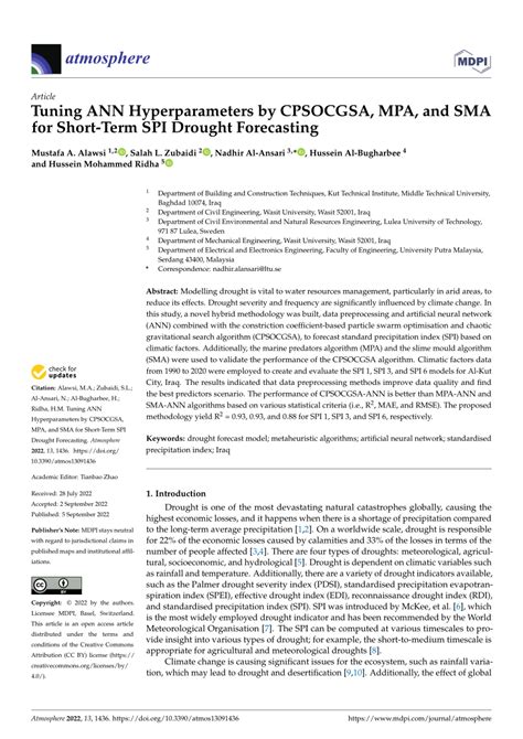 Pdf Tuning Ann Hyperparameters By Cpsocgsa Mpa And Sma For Short‐term Spi Drought Forecasting