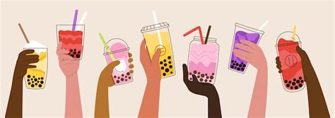 Premium Vector Hands Hold Bubble Tea Shakes Milkshake Asian Smoothie