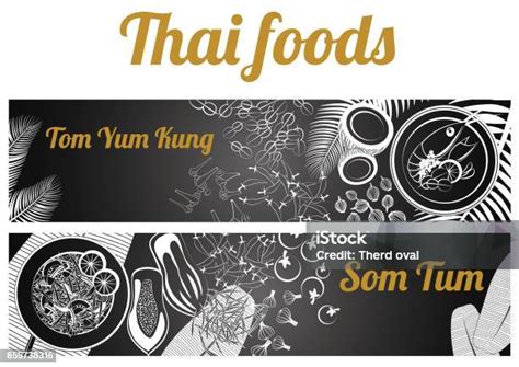 두 개의 흑백 그레이 스케일 태국 맛있고 유명한 음식 배너 회색 Backgroundriver 새우 매운 수프 톰 얌 쿵 파파야 샐러드 Som 죽을 차례와 함께 성분 솜땀에