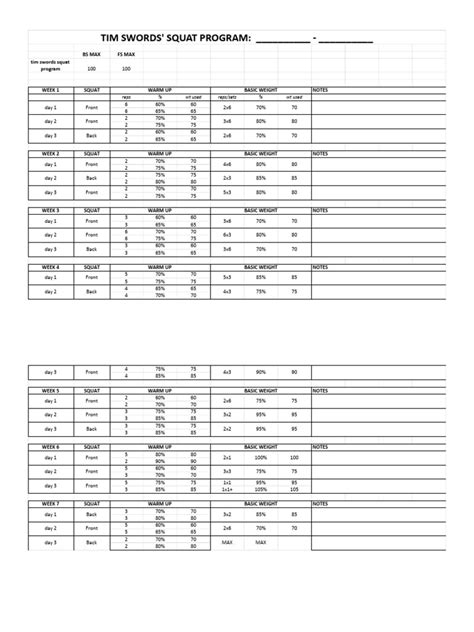 Tim Swords 7 Week Squat Program Front Squat Focus V2 1 Liftvault Com Sheet1 Pdf
