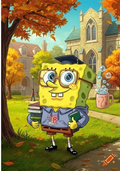 Cartoon Illustration Of Spongebob As A University Student Wearing