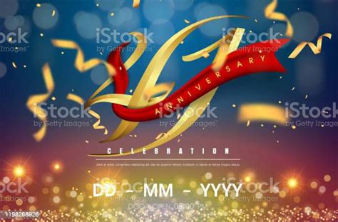 금과 파란색 배경에 41 주년 기념 로고 템플릿 빨간색 리본 벡터와 색종이 고립 된 디자인 요소로 황금 숫자를 축하하는 41