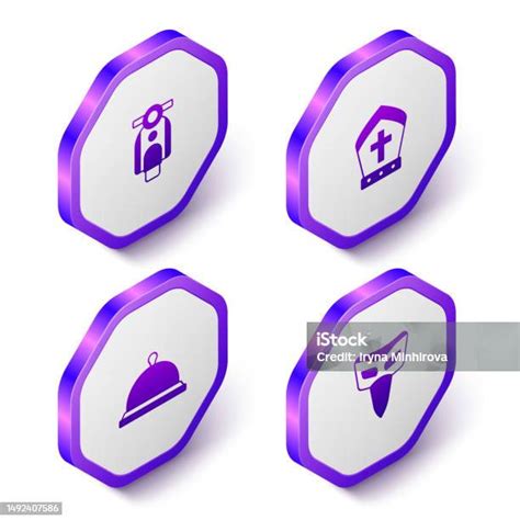 아이소메트릭 스쿠터 교황 모자 음식 트레이 및 카니발 마스크 아이콘으로 덮여 있습니다 보라색 육각형 버튼 벡터 3차원 형태에 대한 스톡 벡터 아트 및 기타 이미지 Istock