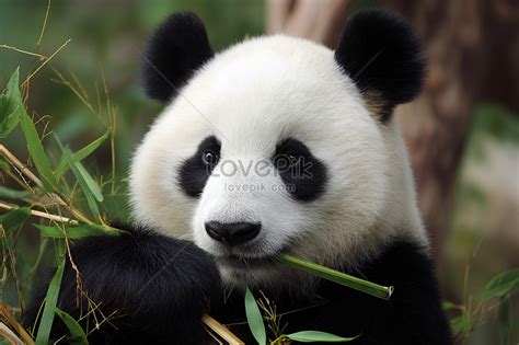 거대한 팬더는 대나무 숲에서 대나무를 먹습니다