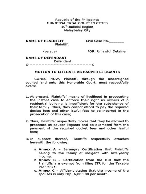 Motion To Litigate As Pauper Litigant Format Pdf