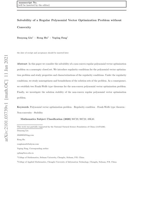 Pdf Solvability Of A Regular Polynomial Vector Optimization Problem Without Convexity