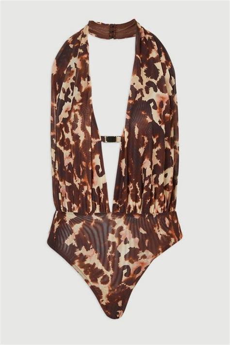 Multi Karenmillen Leopard Print Plunge Halter Neck Trim Detail Mesh