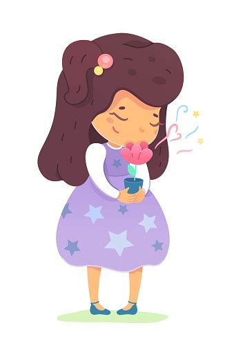 손에 꽃을 스니핑 소녀 후각 벡터 일러스트 작은 행복한 아이는 자연에 서서 식물로 냄비를 들고 어린 시절의 즐거운 교육 귀여운 웃는 아이 감각 지각에 대한 스톡 벡터 아트