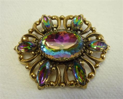 Vintage Signed Schiaparelli Large Brooch Watermelon Tourmaline Goldtone