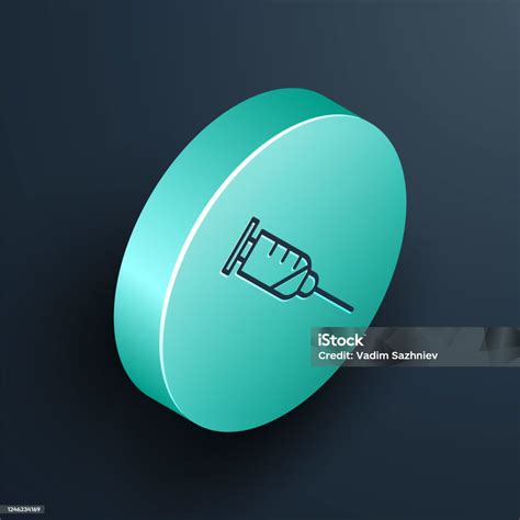 검정 색 배경에 격리 된 등각 칭선 주사기 아이콘입니다 백신 예방 접종 주사 독감 예방 주사용 주사기 의료 장비 청록색 원 버튼 벡터 일러스트레이션 3차원 형태에 대한 스톡