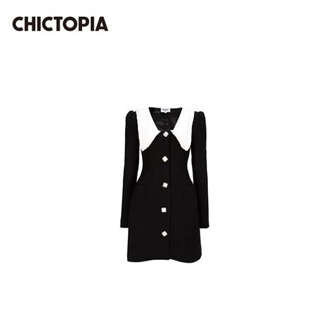 Chictopia Chic刘清扬新品花边尖领黑白拼接收腰连衣裙虎窝淘