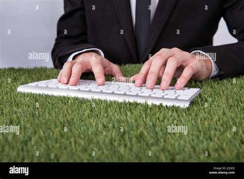 Close Up Of A Businessman Using Computer Keyboard Over Grass Stock
