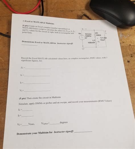 solved 2 excel or matlab and multisim 6 pts create an