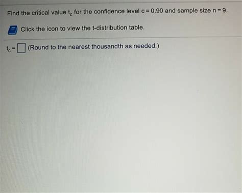 solved find the critical value tc for the confidence level