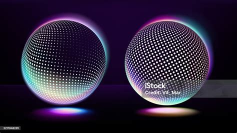 벡터 이미지입니다 짙은 자주색 배경에 점선 패턴이 있는 두 개의 밝은 네온 구체 미래 지향적인 스타일의 글로우 효과가 있는 추상적인 3d 디자인 0명에 대한 스톡 벡터 아트