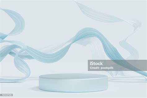 파란색 배경에 부드러운 캔버스가 있는 파란색 원형 연단 제품 쇼를 위한 디스플레이 3d 렌더링 연단에 대한 스톡 사진 및 기타