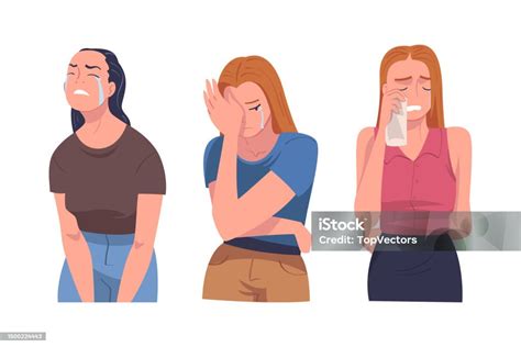 슬픔과 슬픔에서 울고 흐느끼는 우는 여자 캐릭터 슬프고 속상한 벡터 세트 감정에 대한 스톡 벡터 아트 및 기타 이미지 감정