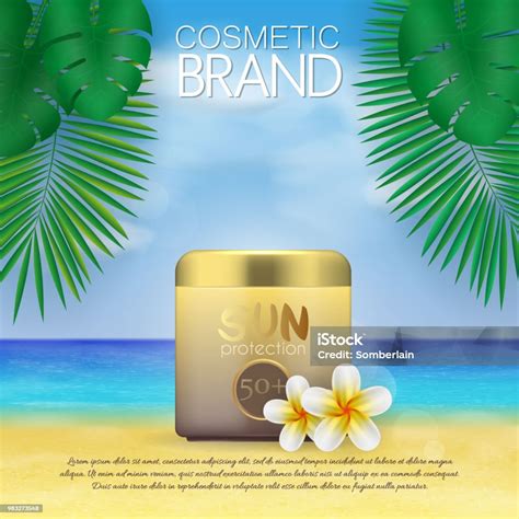 이국적인 야자수와 해변 배경에 여름 선크림 화장품 디자인 서식 파일 나뭇잎 3d 현실 태양 보호와 제품 광고입니다 3차원 형태에 대한 스톡 벡터 아트 및 기타 이미지