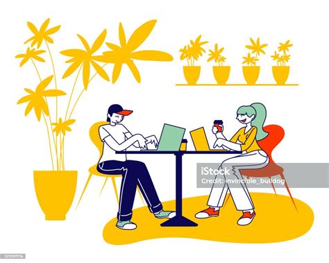 젊은 남자와 여자 캐릭터는 노트북에서 작업 커피 컵과 테이블에 앉아 카페에서 휴식 레스토랑을 방문하는 사람들 레크리에이션 장소의 고객 프리랜서 선형 벡터 일러스트레이션