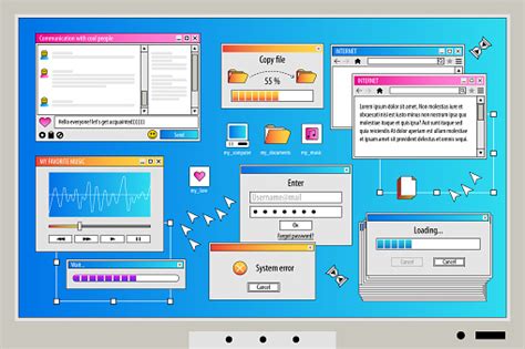 Y2k 스타일의 오래된 복고풍 Pc 화면 복고풍 파도와 증기 파 배경 밝은 빈티지 컴퓨터 인터페이스 2000년대 스타일에 대한 스톡 벡터 아트 및 기타 이미지 Istock