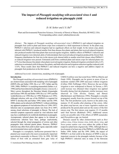 Pdf The Impact Of Pineapple Mealybug Wilt Associated Virus 1 And Reduced Irrigation On