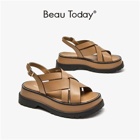 Beautoday 청키 샌들 검투사 여성 암소 가죽 라운드 발가락 직조 백 스트랩 여름 해변 여성 플랫폼 신발 32347하이힐