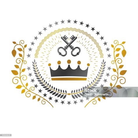 로얄 크라운 상징입니다 팔의 문장 학 외 투 장식 기호 고립 벡터 일러스트 레이 션 흰색 바탕에 골동품 기호입니다 골동품에 대한
