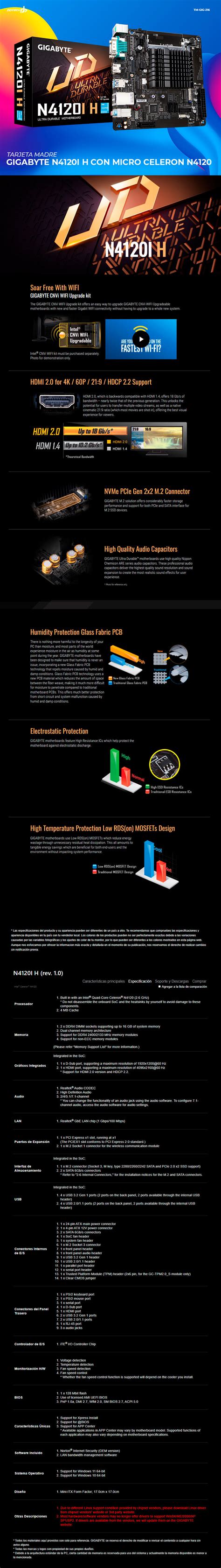 Tarjeta Madre Gigabyte N4120i H Con Micro Celeron N4120 Ddr4 Up To 16gb Realtek Audio