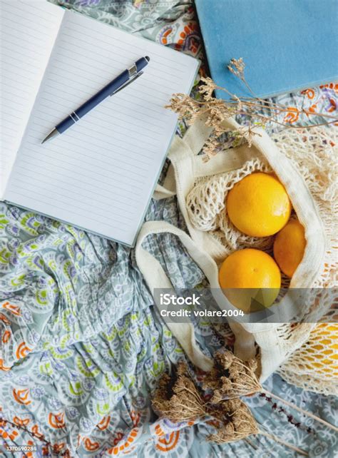 여름 피크닉 플랫레이 과일 오렌지 문자열 가방 노트 및 노트북 면 담요 프리랜서 작업 야외 사무실 0명에 대한 스톡 사진 및 기타 이미지 Istock