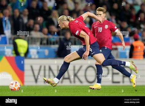 Norways Erling Haaland Shoots On Goal During The Uefa Nations League