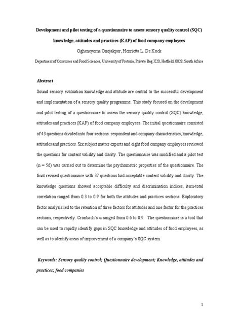 Development And Pilot Testing Of A Questionnaire To Assess Sensory