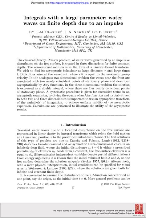 Pdf Integrals With A Large Parameter Water Waves On Finite Depth Due To An Impulse