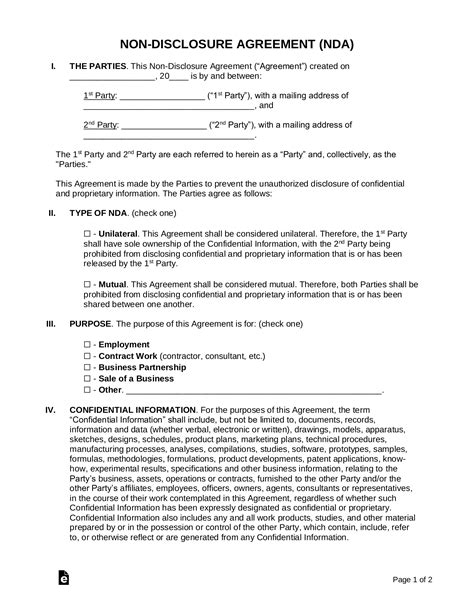 Nda Form Template Free If Either Party Releases Any Of The Information