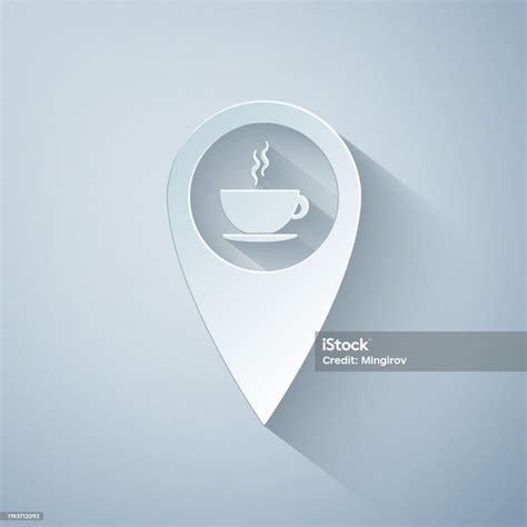 회색 배경에 격리 뜨거운 커피 컵 아이콘 종이 컷지도 포인터 종이 아트 스타일입니다 벡터 일러스트레이션 3차원 형태에 대한 스톡