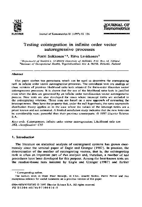 Pdf Testing Cointegration In Infinite Order Vector Autoregressive