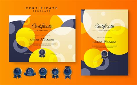 고급 배지와 현대적인 라인 패턴이있는 현대 파란색 오렌지 노란색 업적 테두리 템플릿 수상 비즈니스 및 교육 요구 사항 기업 비즈니스에 대한 스톡 벡터 아트 및 기타 이미지