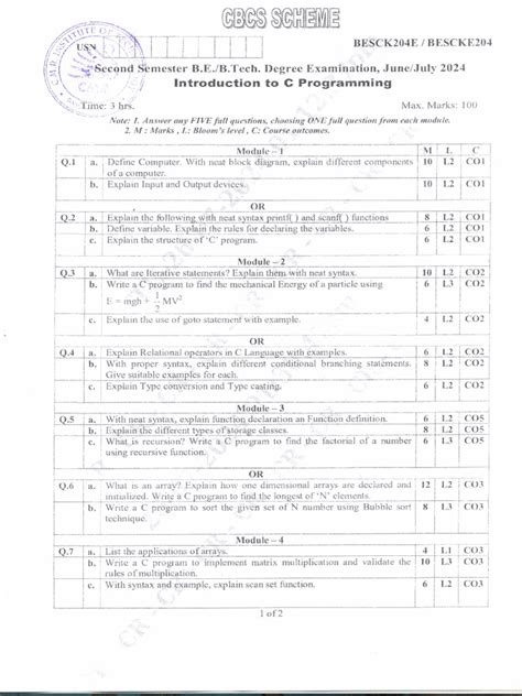 Vtu Question Paper Of Besck204e Bescke204 Introduction To C Programming Jun July 2024 Pdf