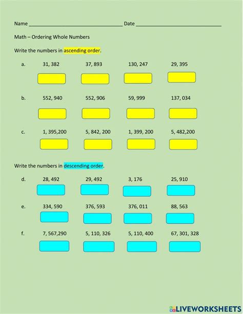 Ordering Numbers Worksheets 6th
