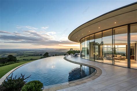광대 한 유리 벽과 시골 전망을 갖춘 고급 저택 현대 맨션 인피니티 풀 시골 풍경 배경 일러스트 및 사진 무료 다운로드 Pngtree