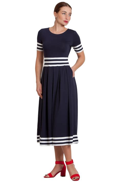 Navy Summer Midi Dress Women In Jersey Fabric Sporty Blue Stripe Dress