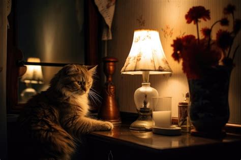 Premium Ai Image A Cat Swiping At A Lamp On A Bedside Table