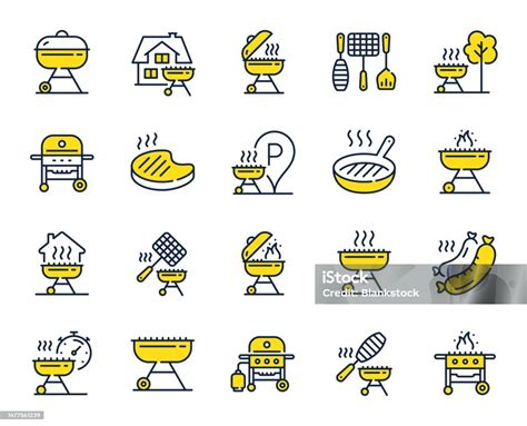 그릴 라인 아이콘 고기 또는 연어 스테이크 바비큐 훈제기 및 불 요리 세트 벡터 바베큐그릴에 대한 스톡 벡터 아트 및 기타 이미지 바베큐그릴 아이콘 팬 주방용구