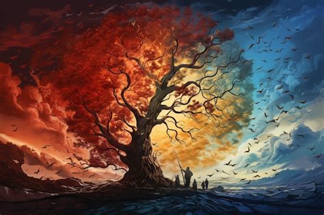 Premium AI Image A Painting Of A Tree With A Man And A Woman On The Bottom And A Man Standing