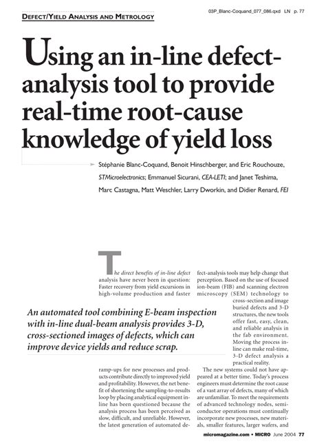 Pdf Using An In Line Defect Analysis Tool To Provide Real Time Root Cause Knowledge Of Yield Loss