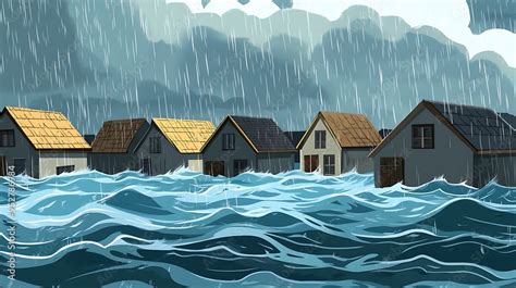 Submerged Houses In Flood Season Cartoon Vector Illustration Of
