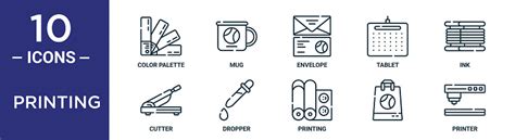 인쇄 개요 아이콘 세트에는 얇은 선 색상 팔레트 봉투 잉크 드롭퍼 프린터 보고서 프리젠 테이션 다이어그램 웹 디자인을위한 커터