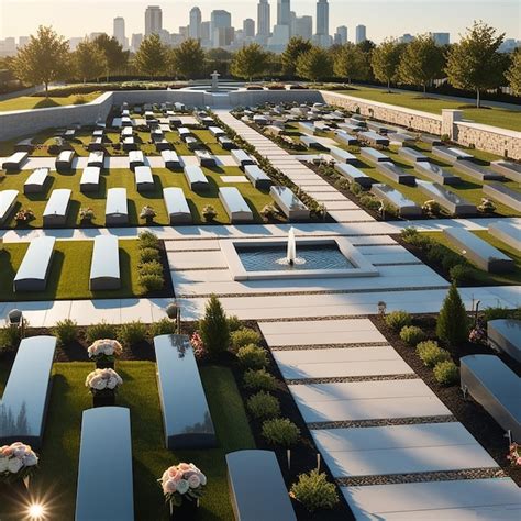 A Modern Cemetery Sprawls Across A Well Manicured Lawn With Rows Of